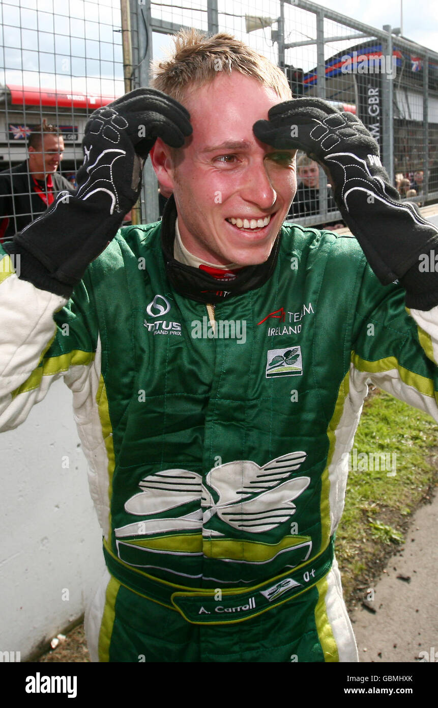 Ireland's Adam Carroll celebrates victory in the feature race and ...
