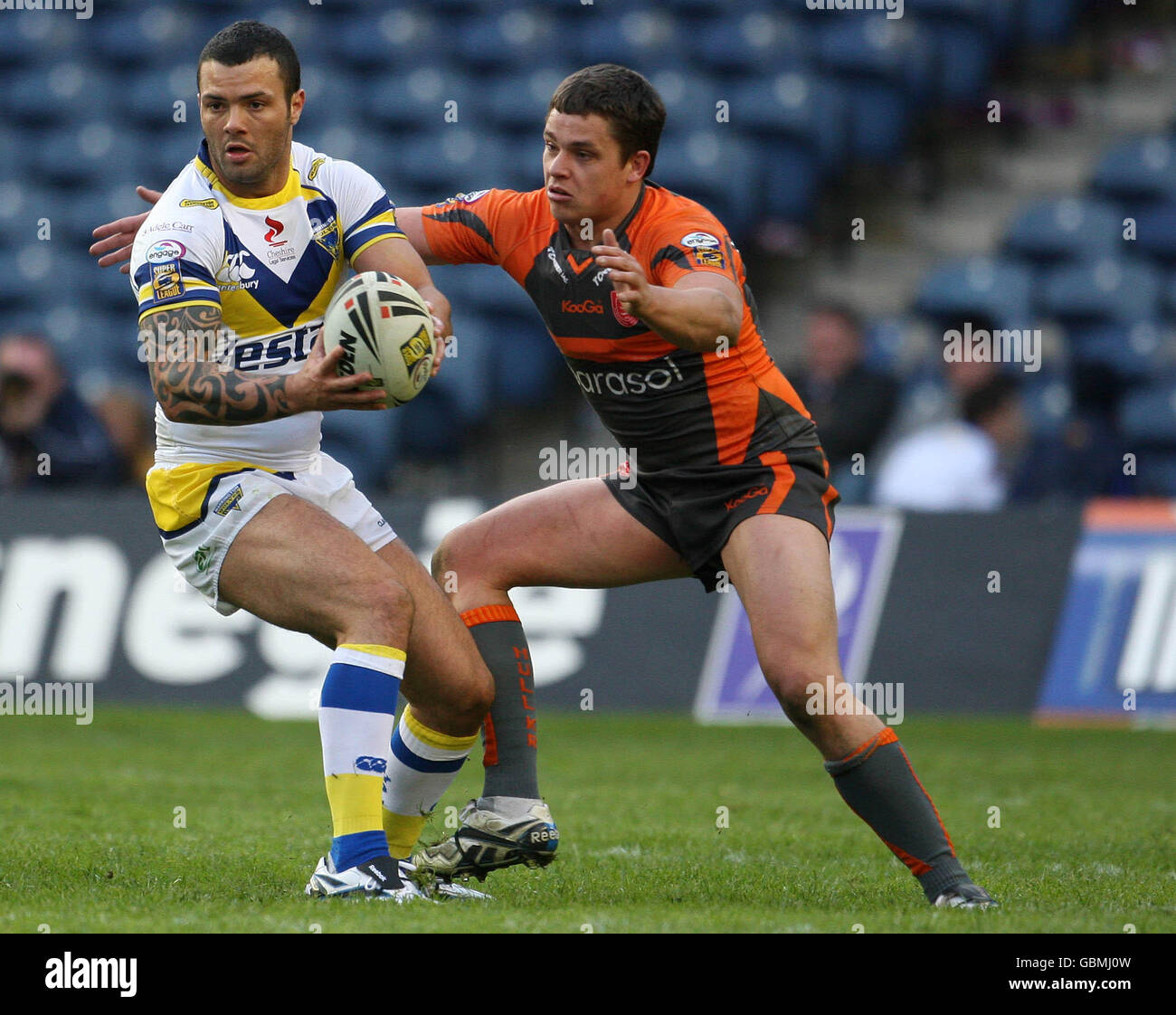 Warrington's Chris Bridge and Hull KR's Liam Colbon during the engage ...