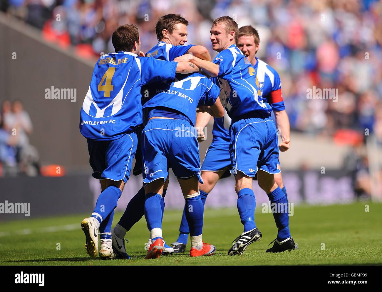 Whitley Bay's Lee Kerr (centre) is congratulated by his team mates ...
