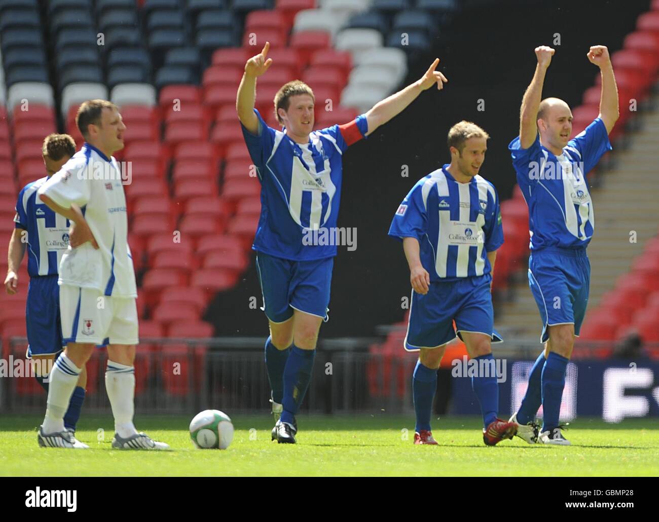 Whitley Bay's Paul Chow (right) celebrates after scoring the second ...