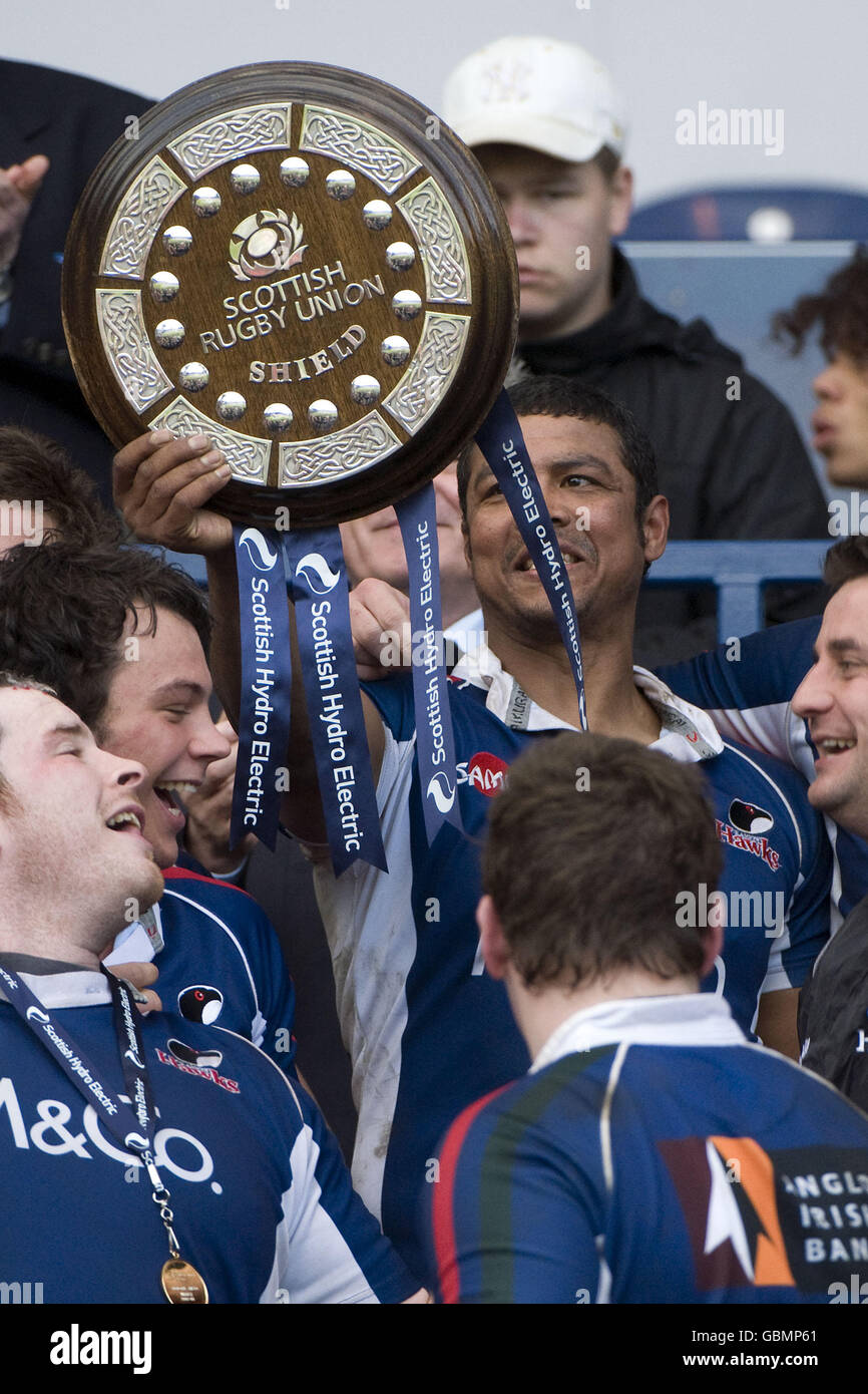 Glasgow Hawks Ian Noble raises the Trophy after winning the Hyrdo ...