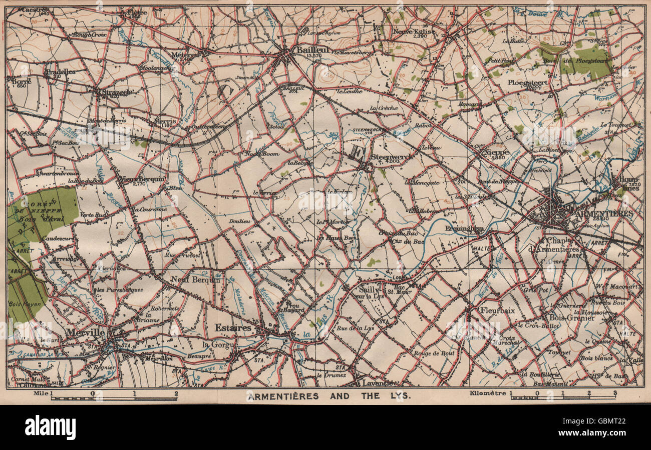 ARMENTIÈRES & LYS RIVER. Vintage map. France Armentieres Bailleul ...
