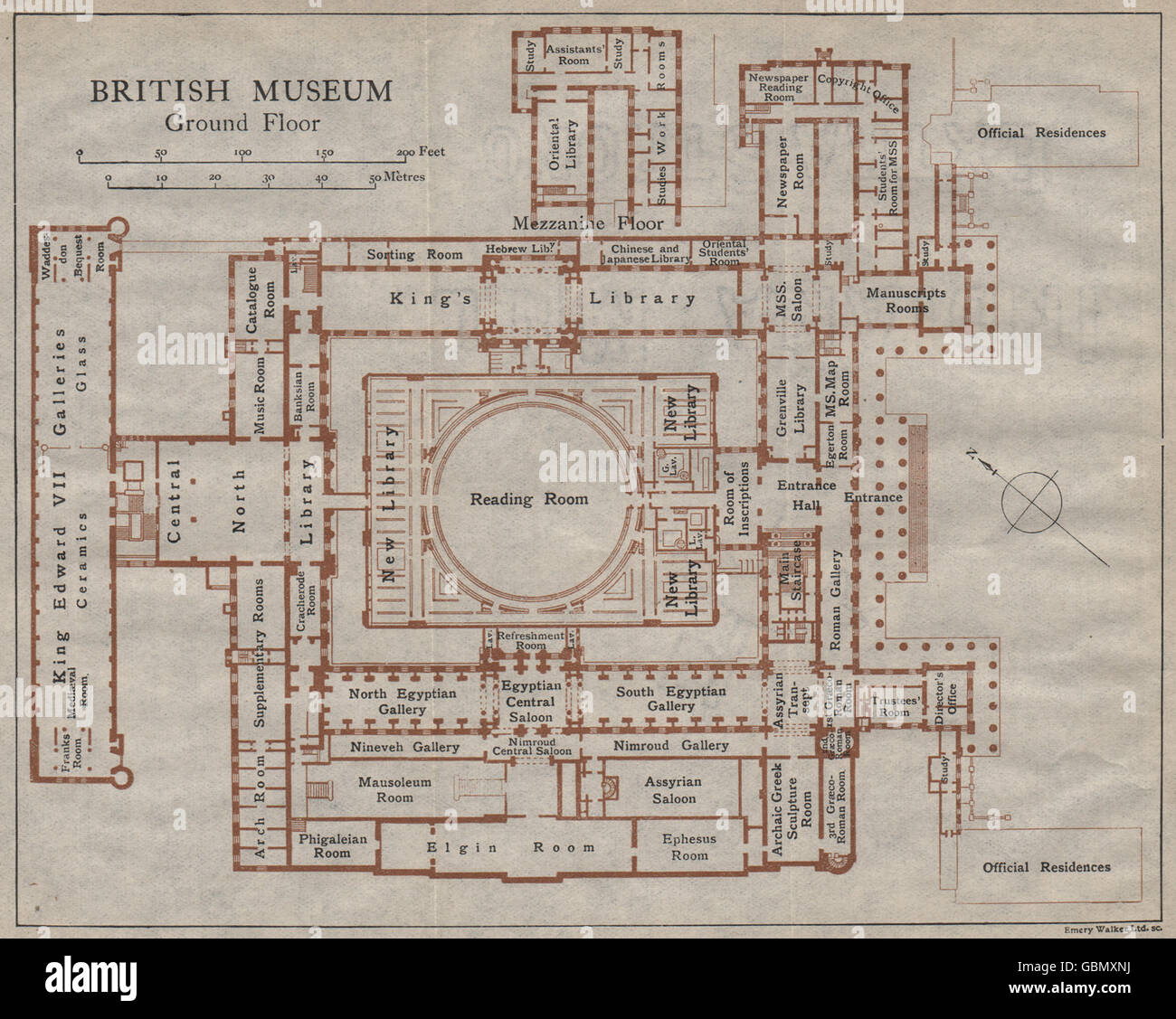 BRITISH MUSEUM. Ground floor vintage map plan. London, 1919 Stock Photo ...