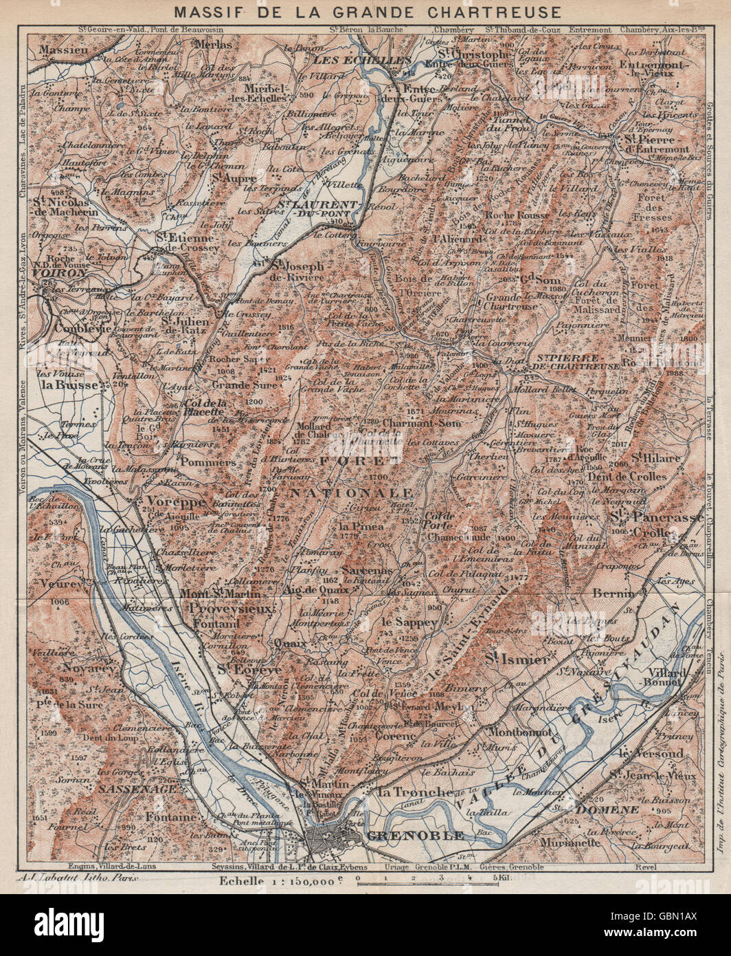 MASSIF DE LA GRANDE CHARTREUSE. Vintage map. Grenoble. Les Echelles ...