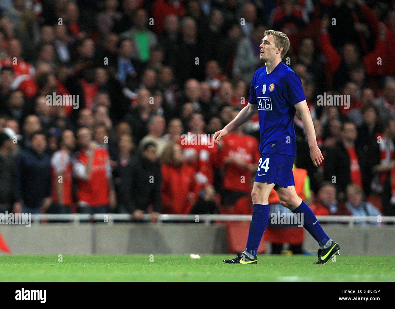 Manchester uniteds fletcher leaves the pitch after being sent off hi ...