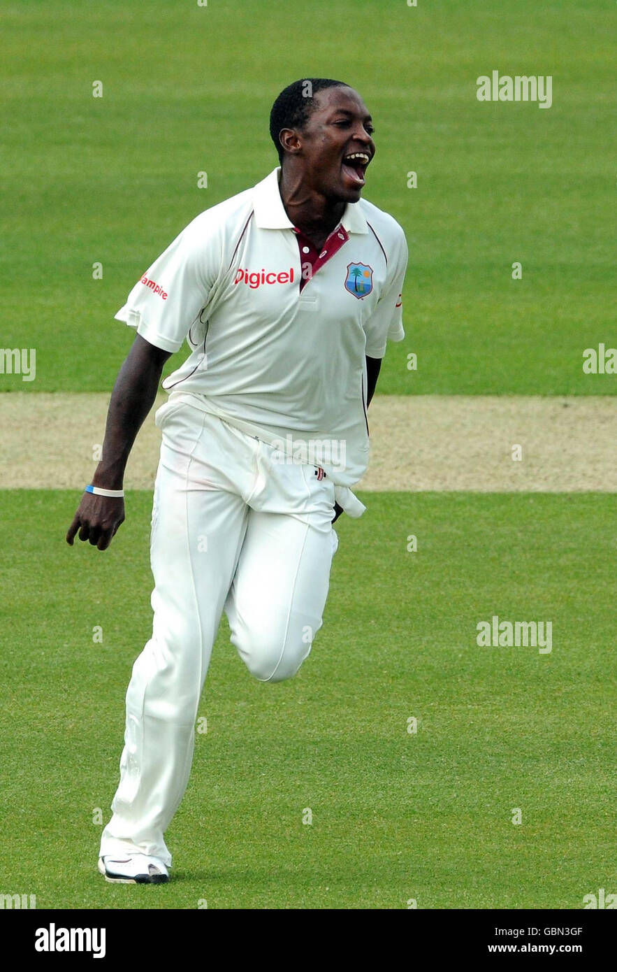 West Indies' Fidel Edwards celebrates after England's Kevin Pietersen ...