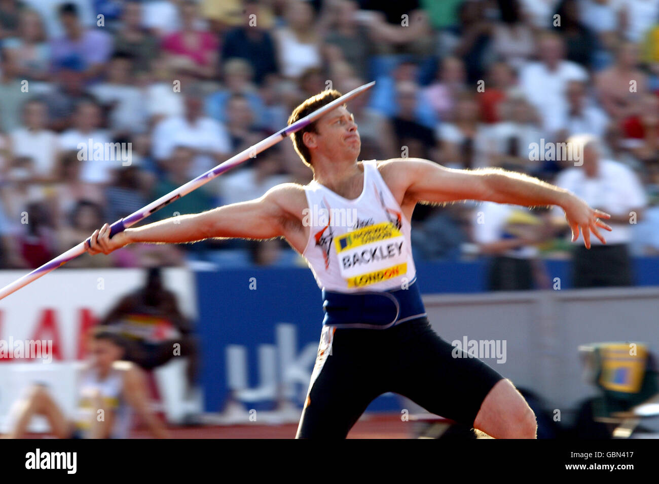 Great Britain's Steve Backley in action during the men's Javelin Stock ...