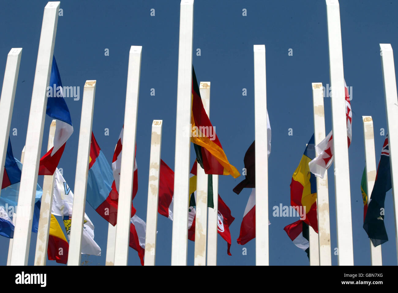Flags from the competing countries at the Athens Olympic Sports Complex ...