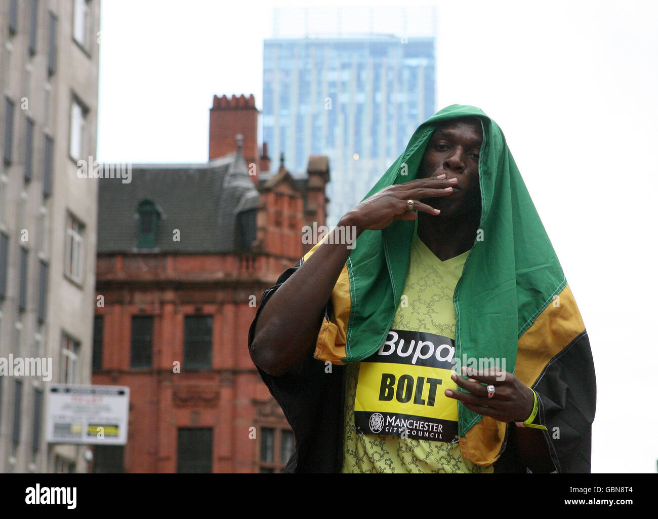 Jamaica's Usain Bolt celebrates winning the 150m Event on a specially ...