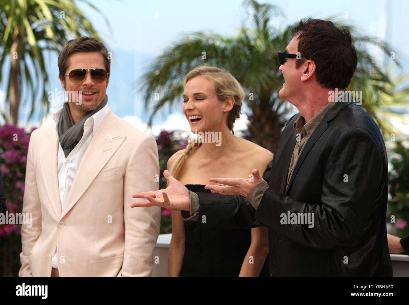 (right to left) Quentin Tarantino, Diane Kruger and Brad Pitt attend a photocall for the film ...
