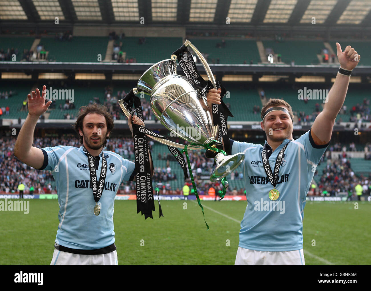 Leicester Tiger's Julien Dupuy (left) and Benjamin Kayser celebrate ...