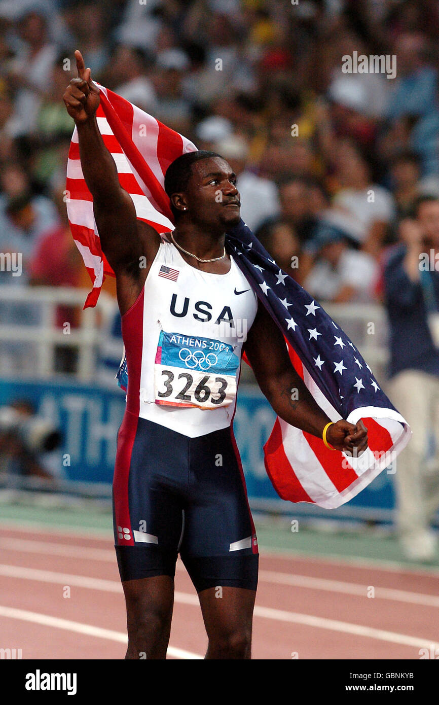 Athletics athens olympic games 2004 mens 100m final hi-res stock ...