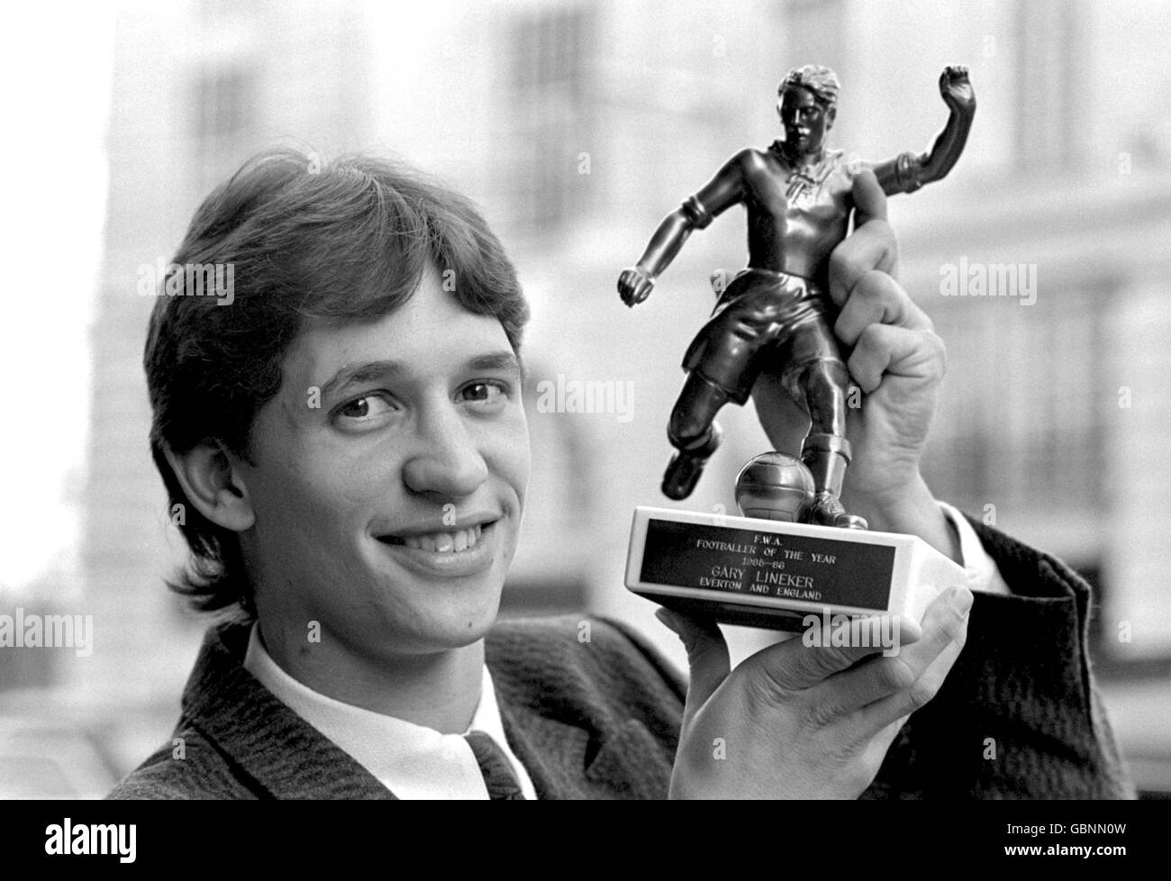 Everton's Gary Lineker shows off the Footballer of the Year trophy ...
