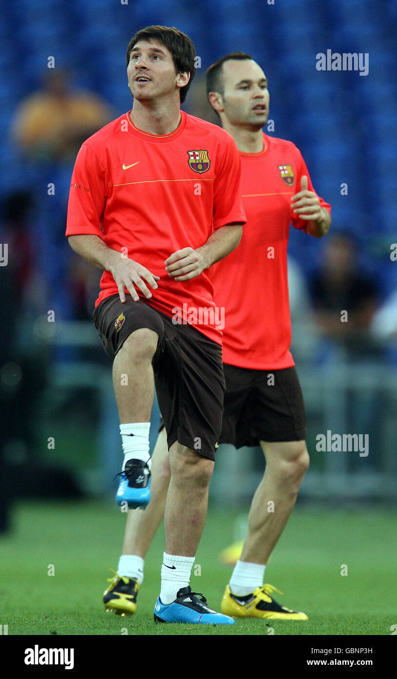 Barcelona's Lionel Messi (L) and Andres Iniesta during training Stock ...