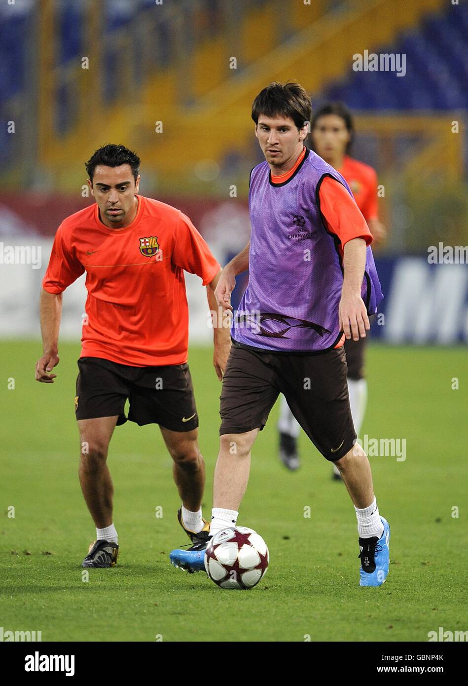 Barcelonas lionel messi right during training hi-res stock photography ...