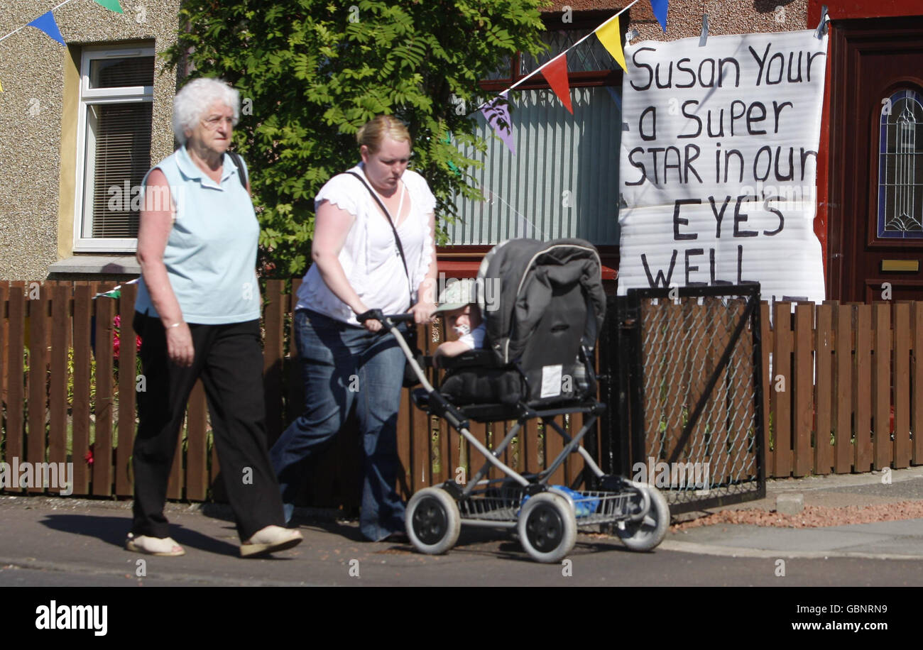 General view showing a sign on a house in Susan Boyle's home town of ...