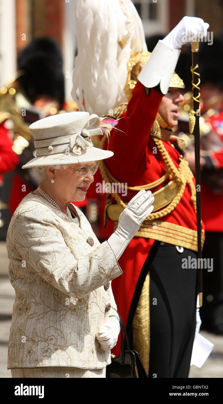 Queen Elizabeth II inspects members of the Gentlemen at Arms, in Colour ...