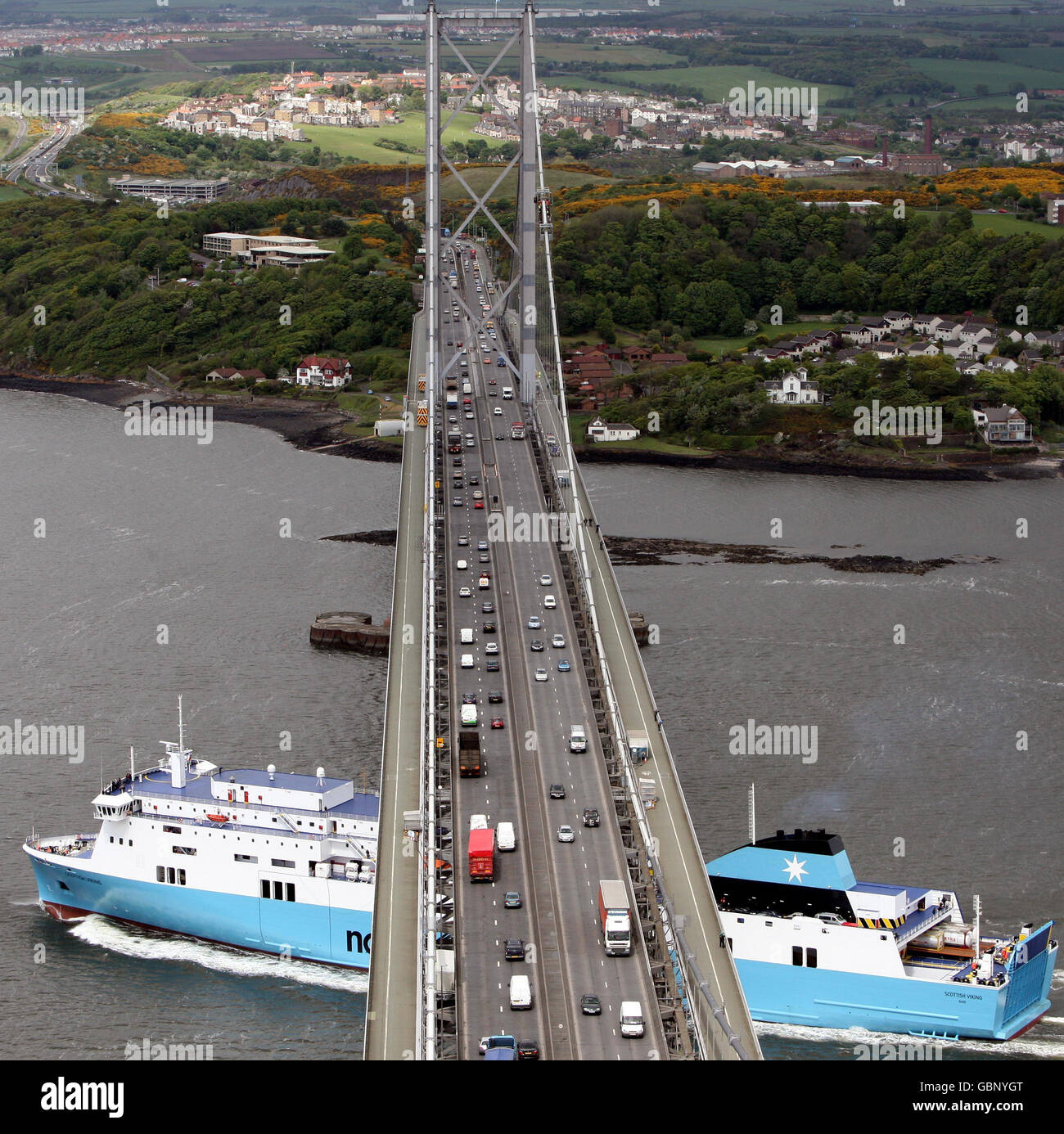 A view from the top of the Forth Road Bridge of Norfolkline's boat ...