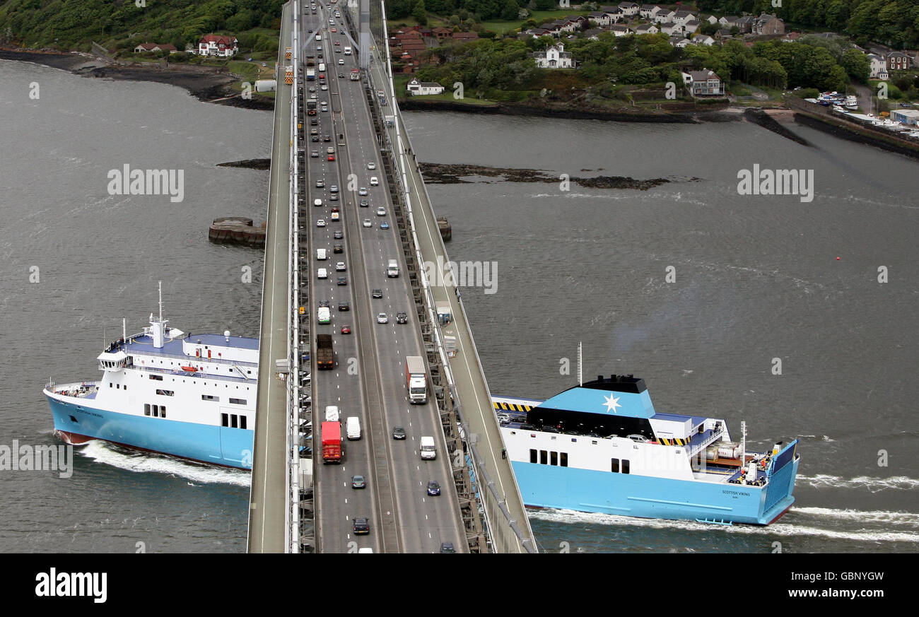 A view from the top of the Forth Road Bridge of Norfolkline's boat ...