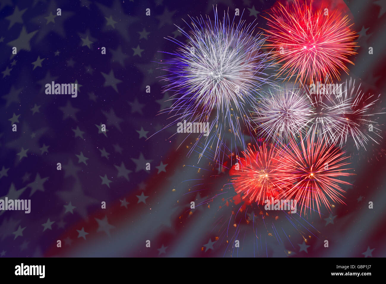 Celebration fireworks over American flag background. 4th of July ...