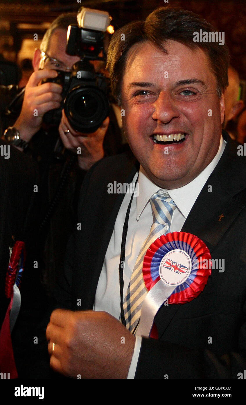 BNP leader Nick Griffin celebrates after the results of the European ...