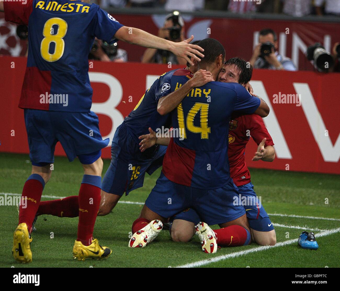 Barcelona's Lionel Messi is congratulated by his team mates after he ...