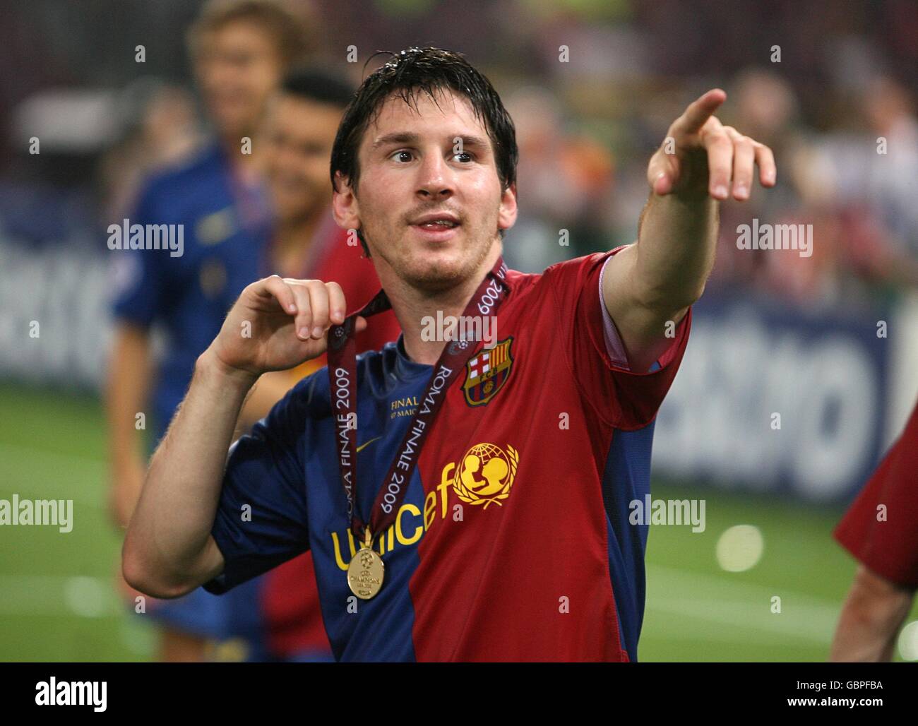 Barcelona's Lionel Messi celebrates with his winners medal Stock Photo ...