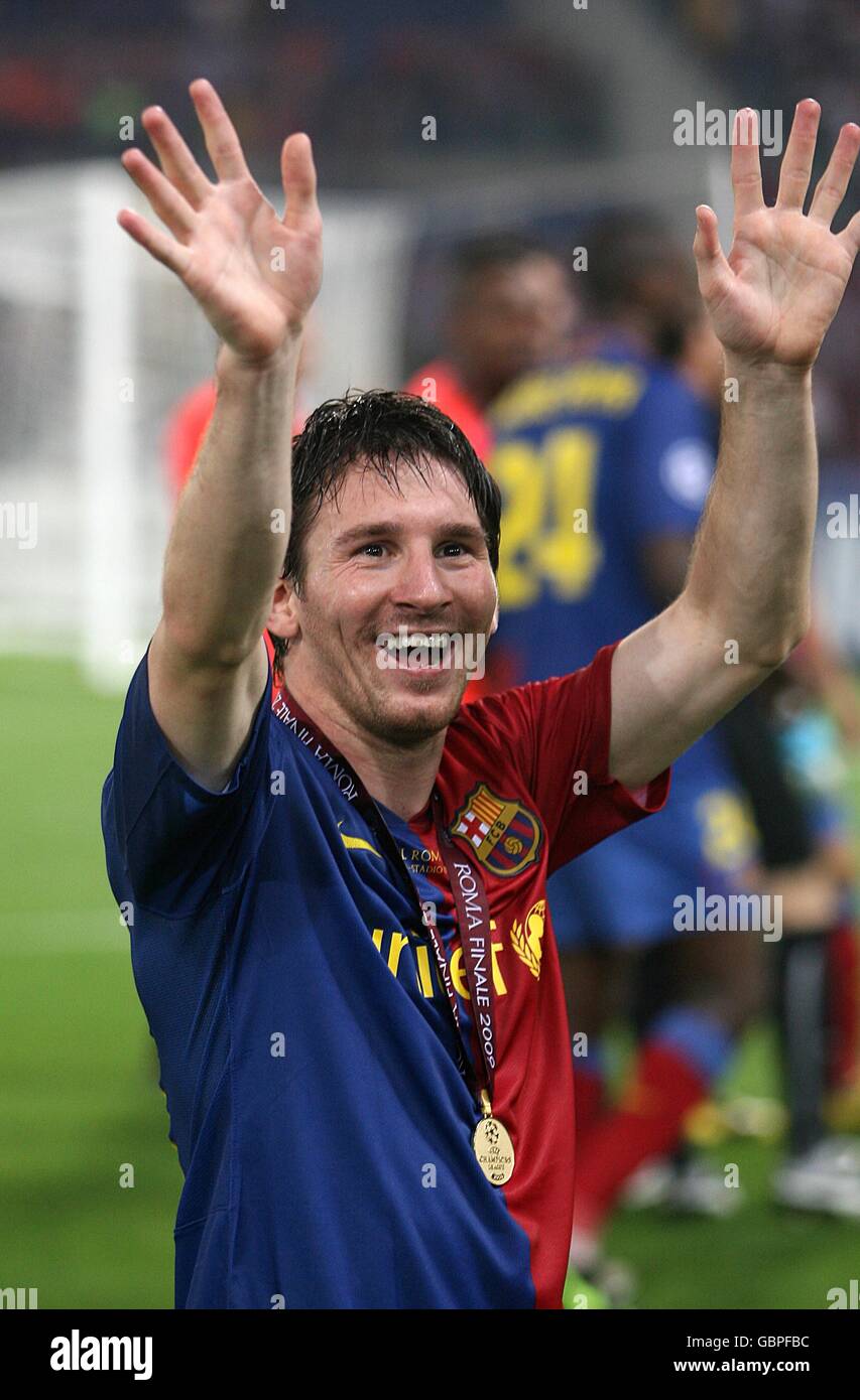 Barcelona's Lionel Messi celebrates with his winners medal Stock Photo ...