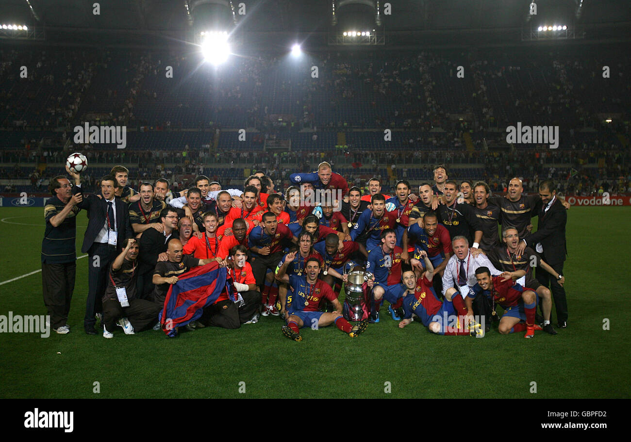 The barcelona players celebrate winning the uefa champions league hi ...