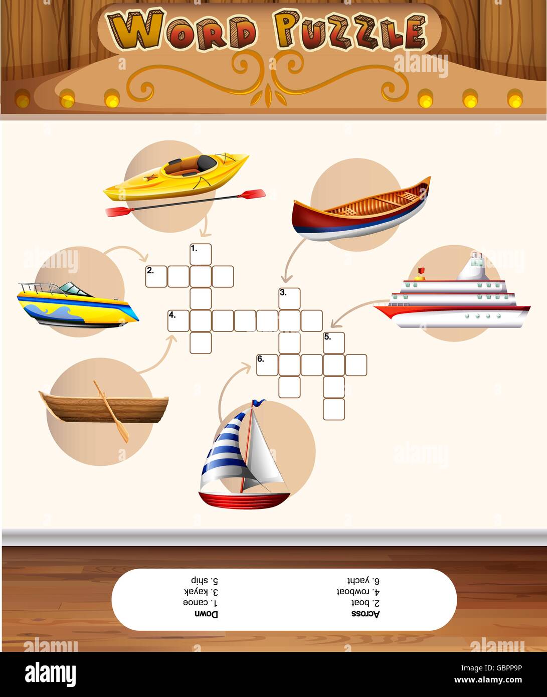Word puzzle template with water transportations illustration Stock ...