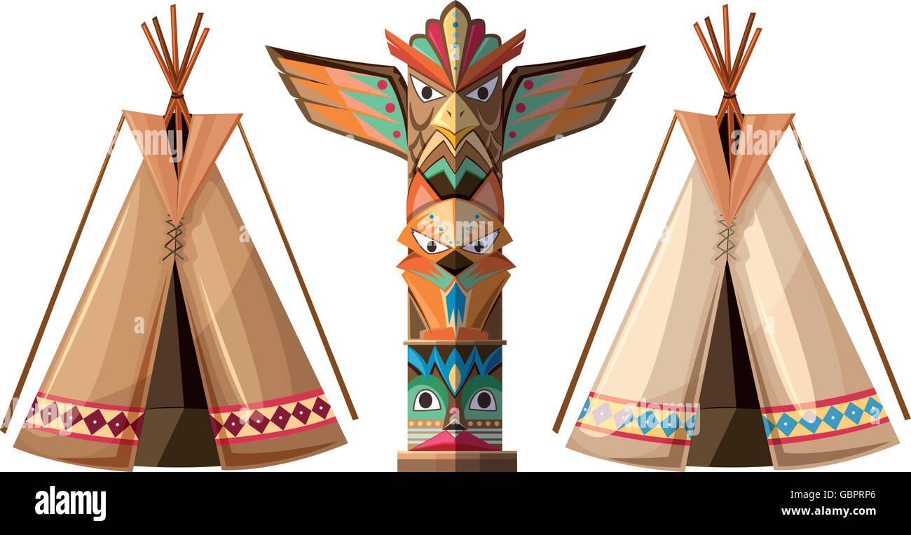 Set of teepees and totem pole illustration Stock Vector Image & Art - Alamy