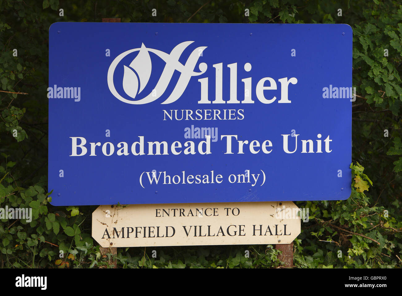General view of the sign at Hillier Nurseries near Romsey, Hampshire ...