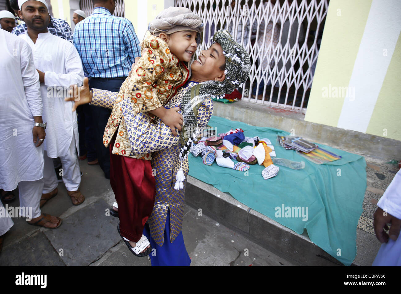 Kathmandu, Nepal. 7th July, 2016. Nepalese Muslim brothers hug each ...