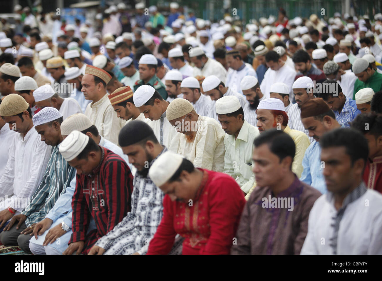 Dhaka, Bangladesh. 7th July, 2016. Muslims offer Eid al Fitr prayers at ...