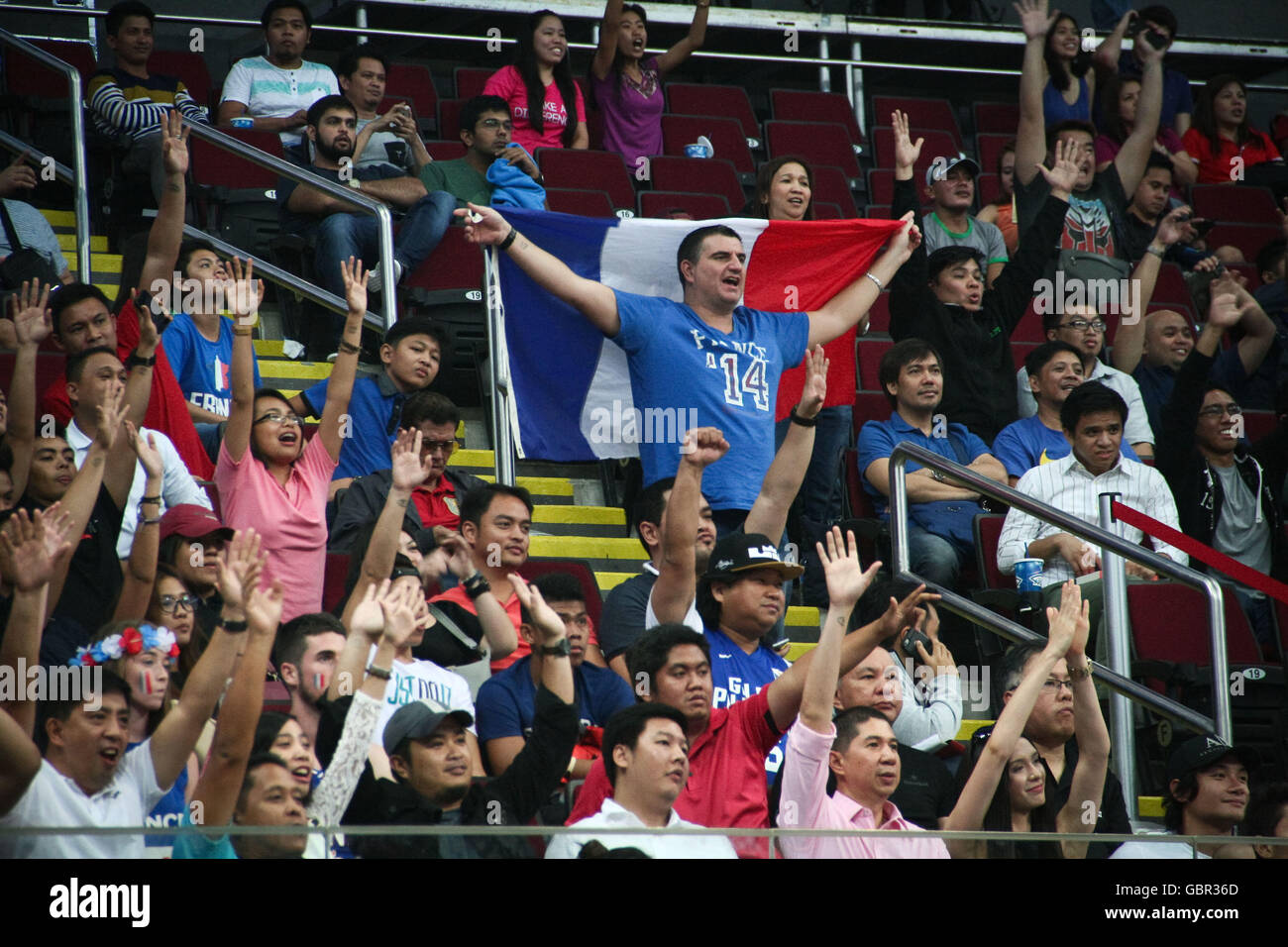 Philippines. 7th July, 2016. French team fans cheer on at the stands ...