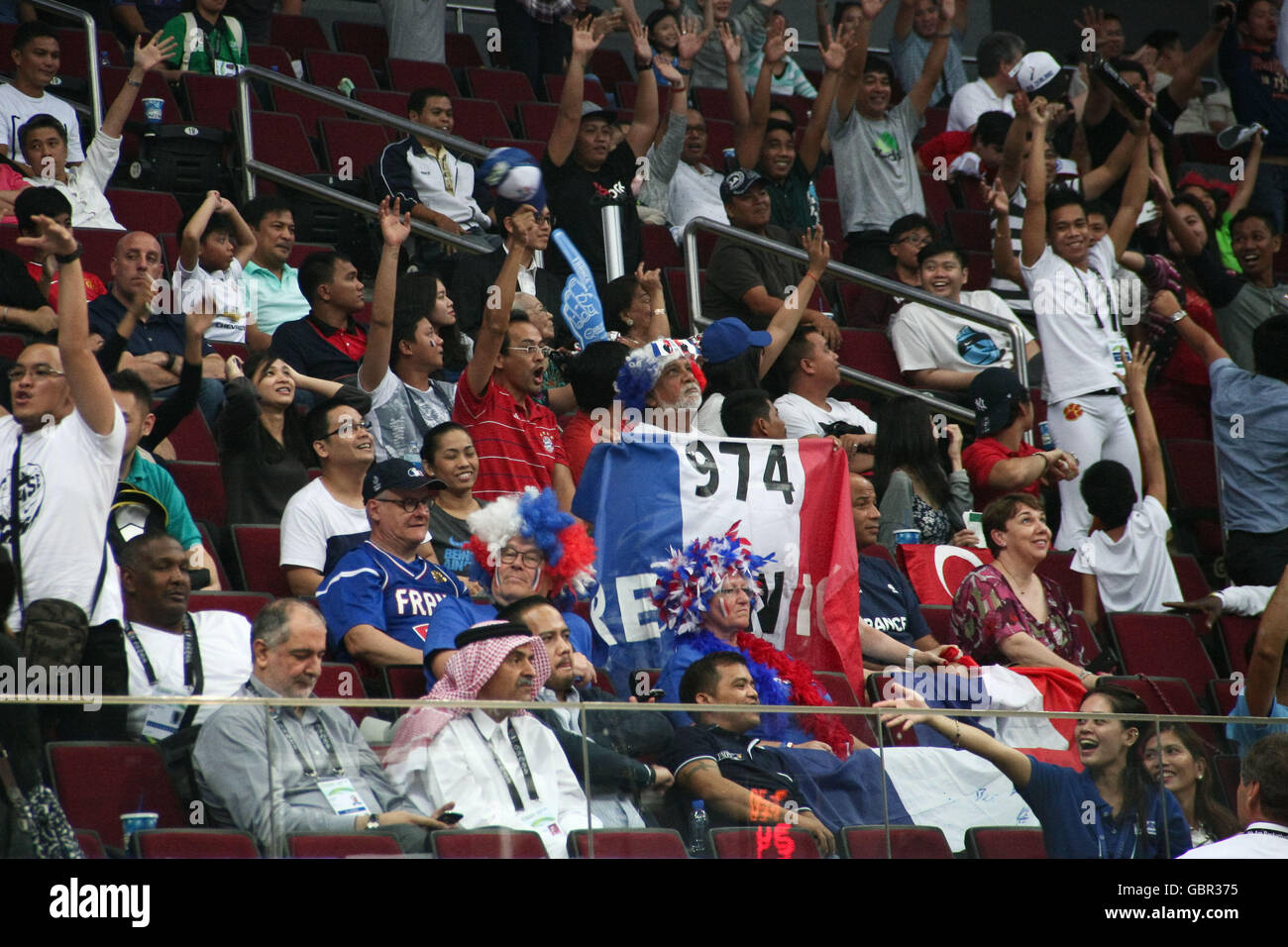 Philippines. 7th July, 2016. French team fans cheer on at the stands ...