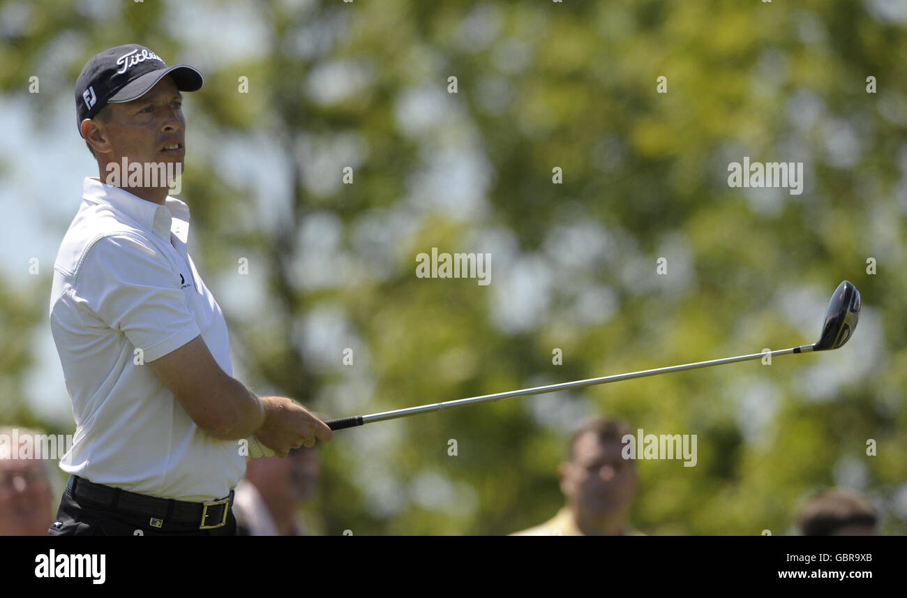 Denmark's Soren Hansen watches his tee shot to the 16th during Round 3 ...