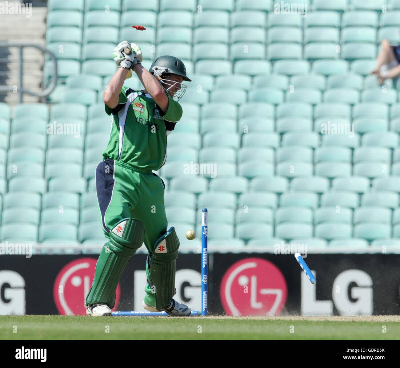 Ireland's John Mooney is bowled out off a free hit, meaning the wicket ...