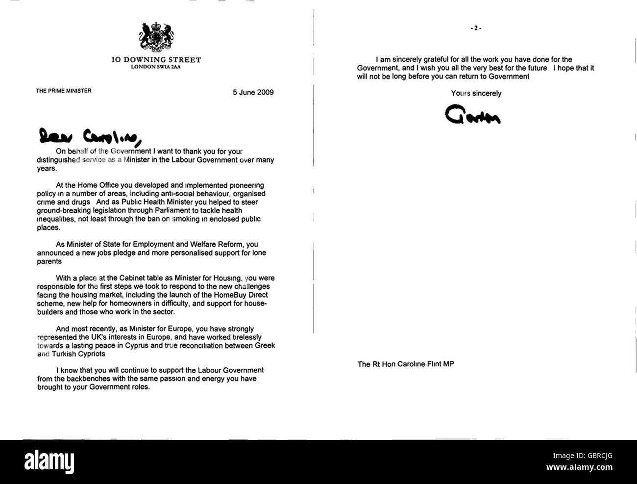 A copy of the letter sent from Prime Minister Gordon Brown to Caroline ...