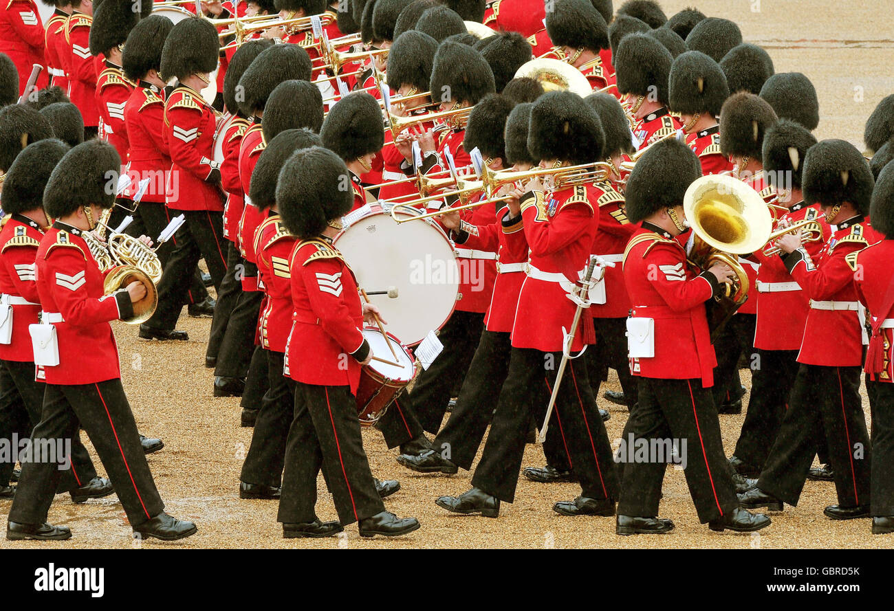 A section of the massed bands of the Guards play a quick march, during ...