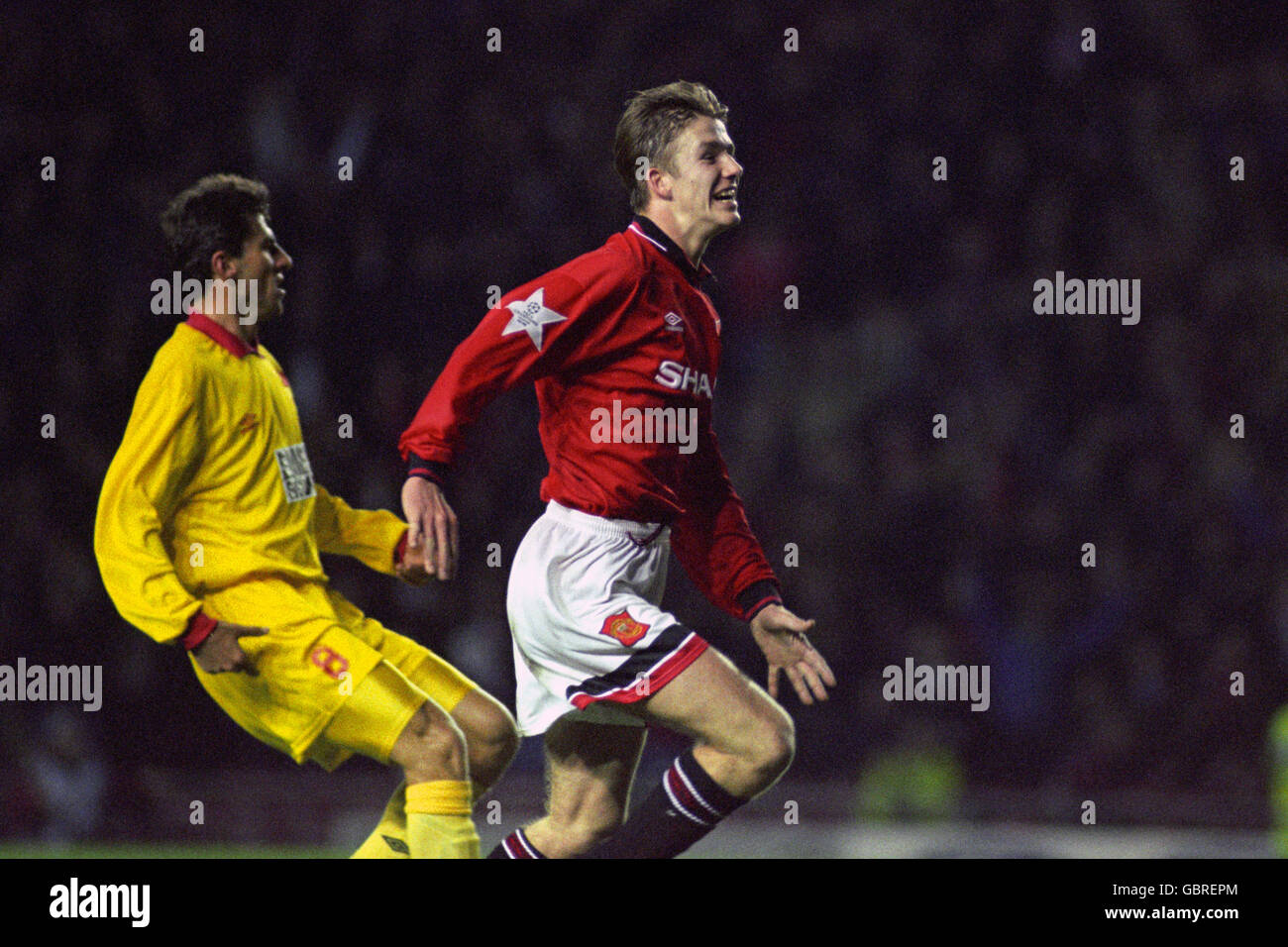 Nineteen year old David Beckham's face lights up as he scores his first ...