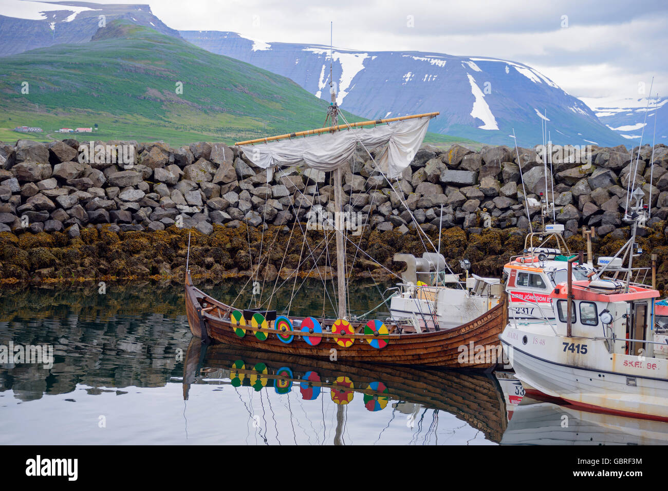 Viking ship, Harbour, Isafjordur, Fjord Isafjordur, Iceland ...