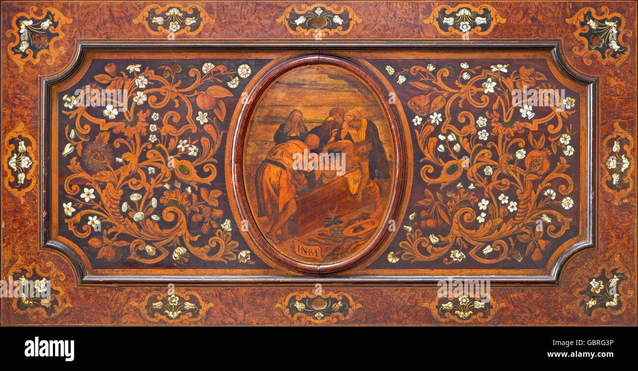 BRESCIA, ITALY, 2016: Intarsia with the Burial of Jeus motive on sidel ...