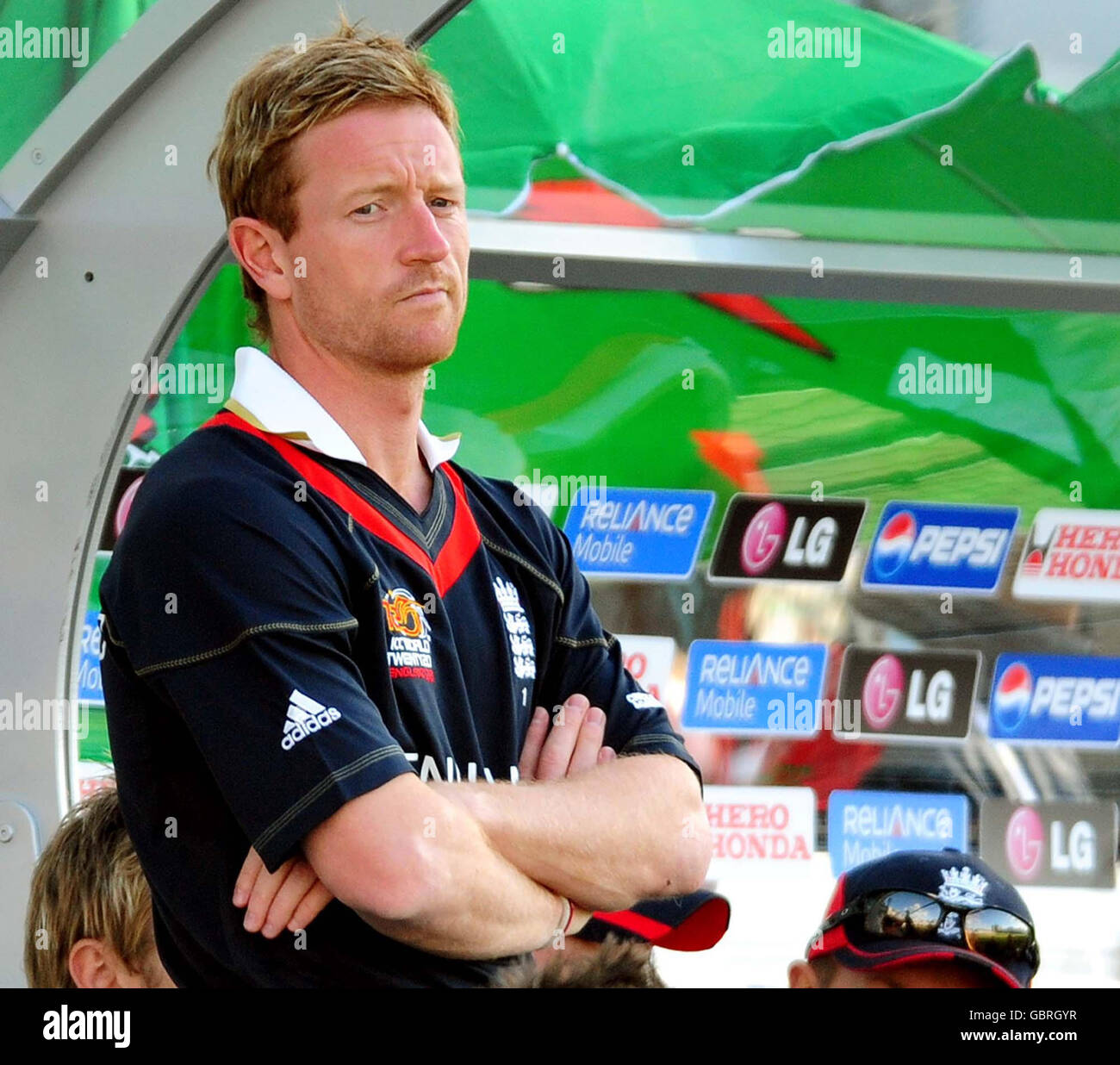 England captain Paul Collingwood appears dejected in the dugout during ...