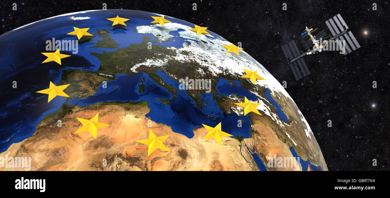 3D render space view of europe, europe flag and space station Stock ...