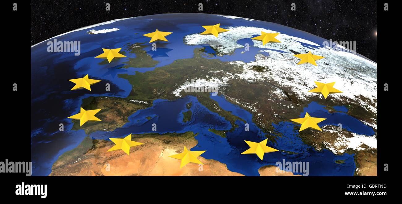 3D render space view of europe, europe flag and space station Stock ...