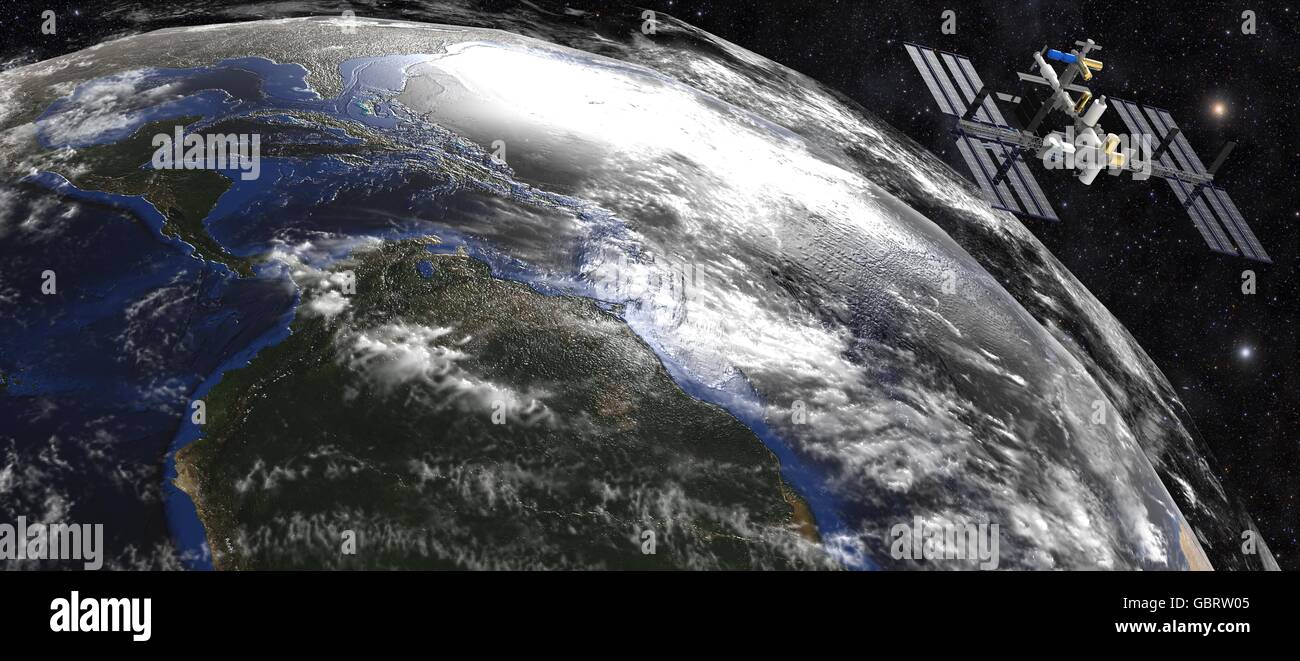 3D render space view of america and space station Stock Photo - Alamy