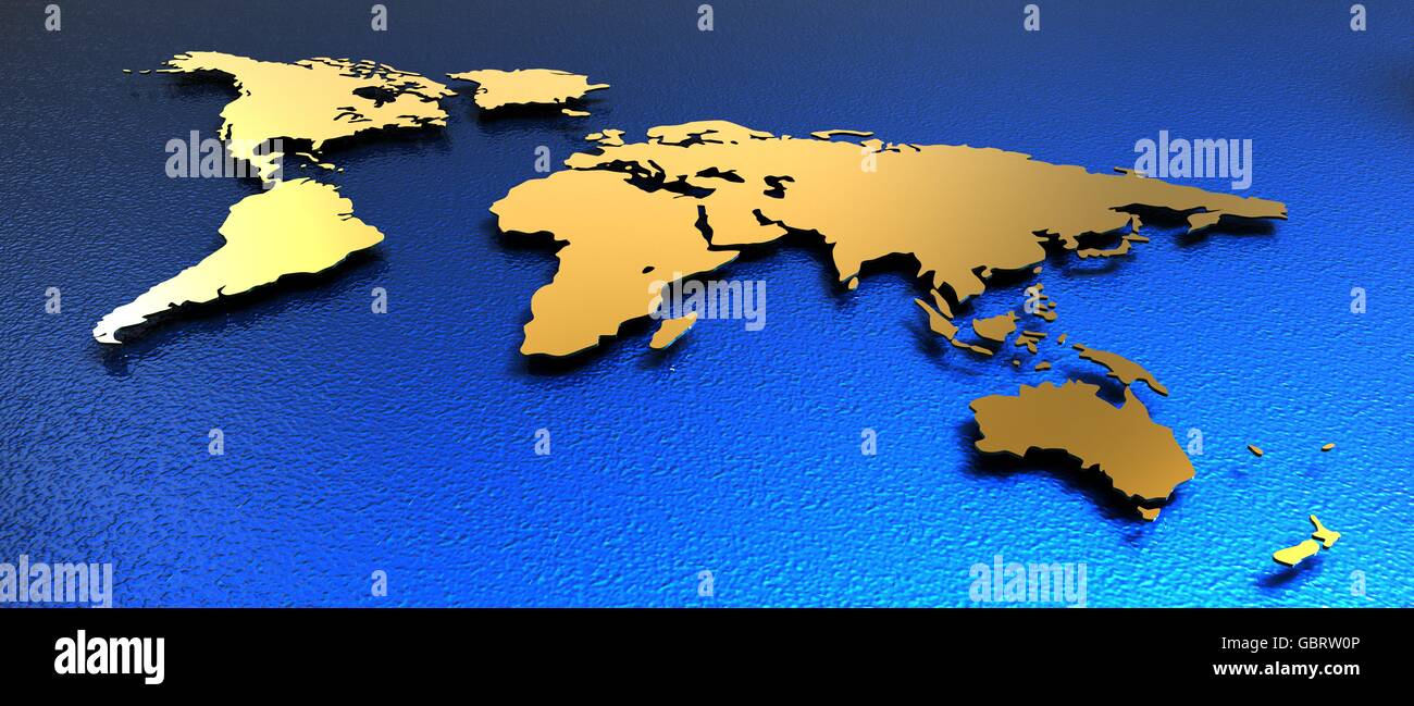 3D World Map- 3D Rendered Concept Art in Gold wrap and blue background ...