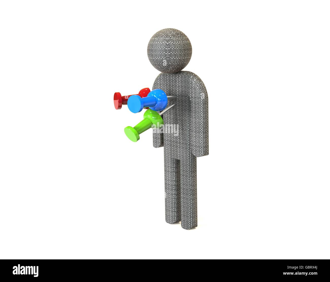 3D render image of voodoo doll with pushpins in it representing a sad ...