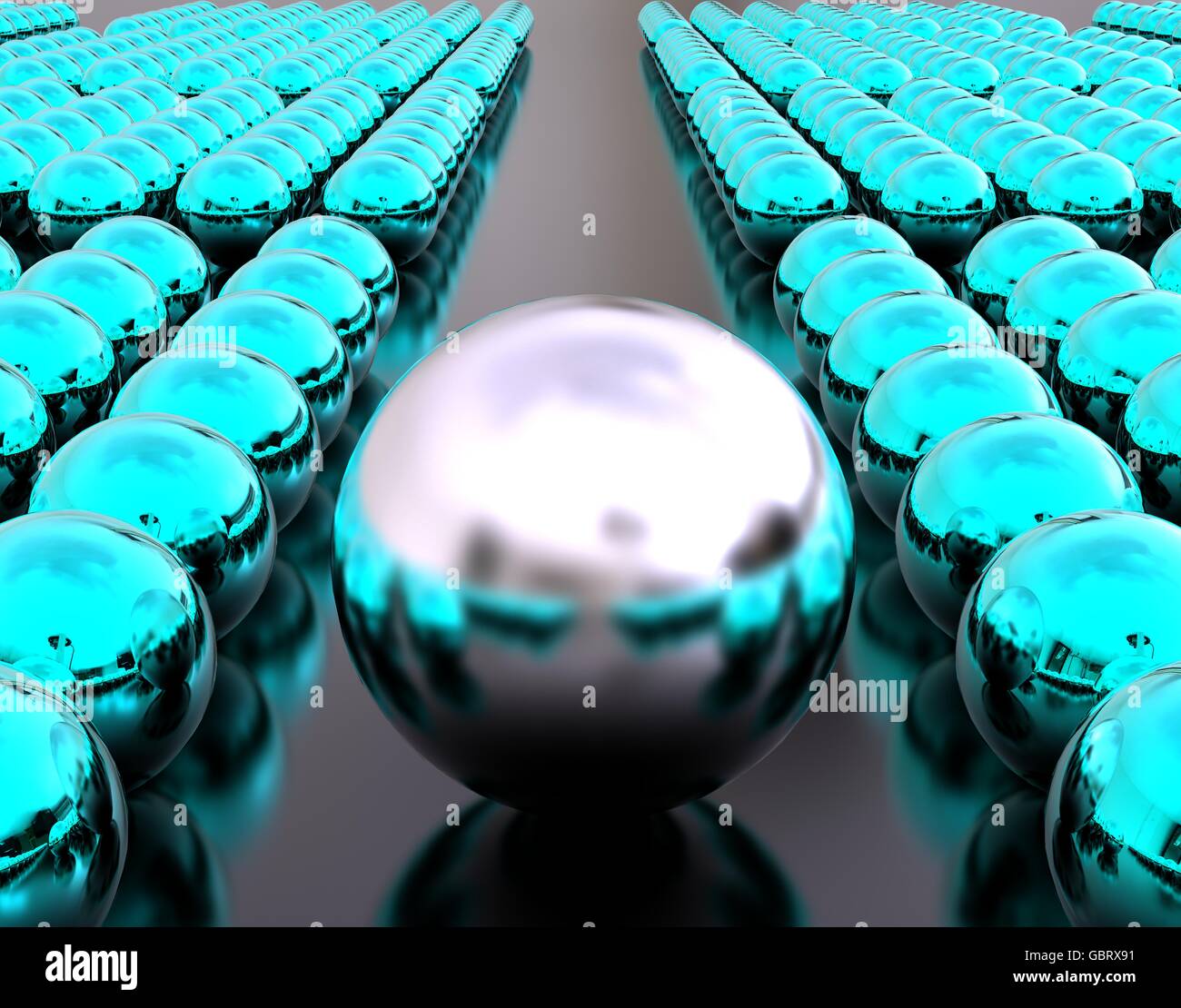 3D render image of rows of sphere in blue color folowing a big gray ...